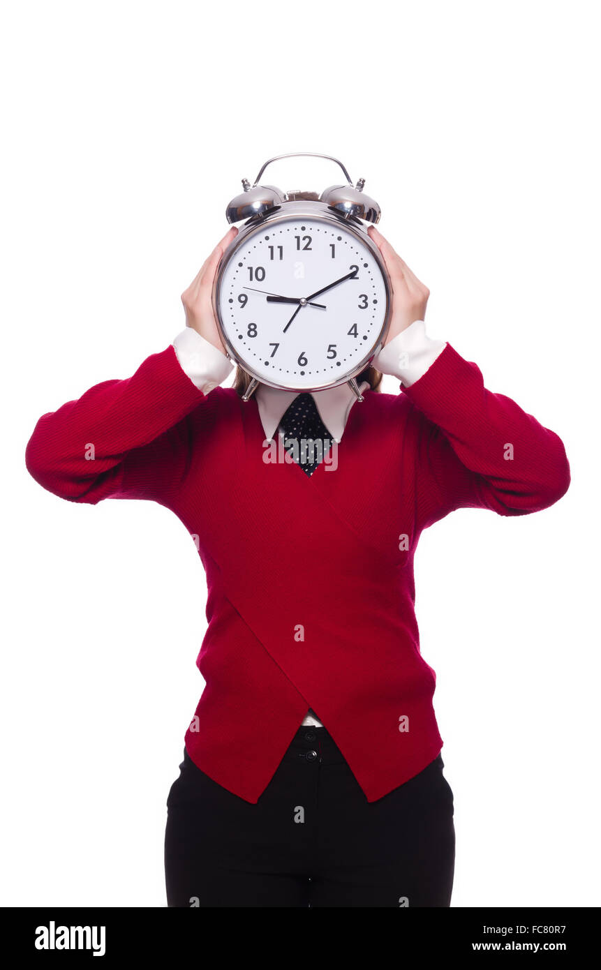 Office worker holding alarm clock isolated on white Stock Photo - Alamy