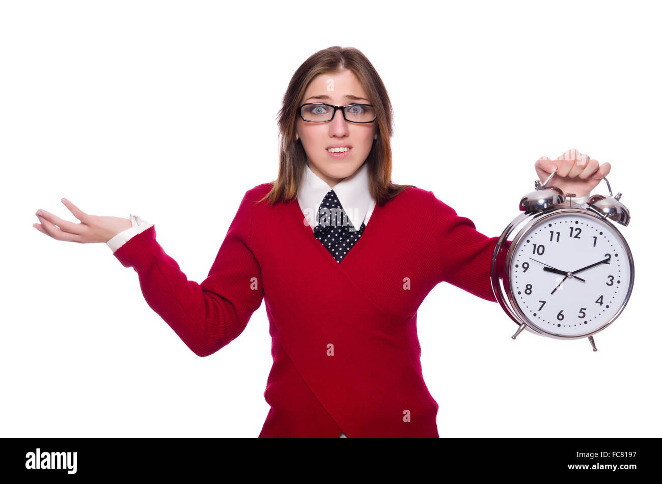Office worker holding alarm clock isolated on white Stock Photo - Alamy