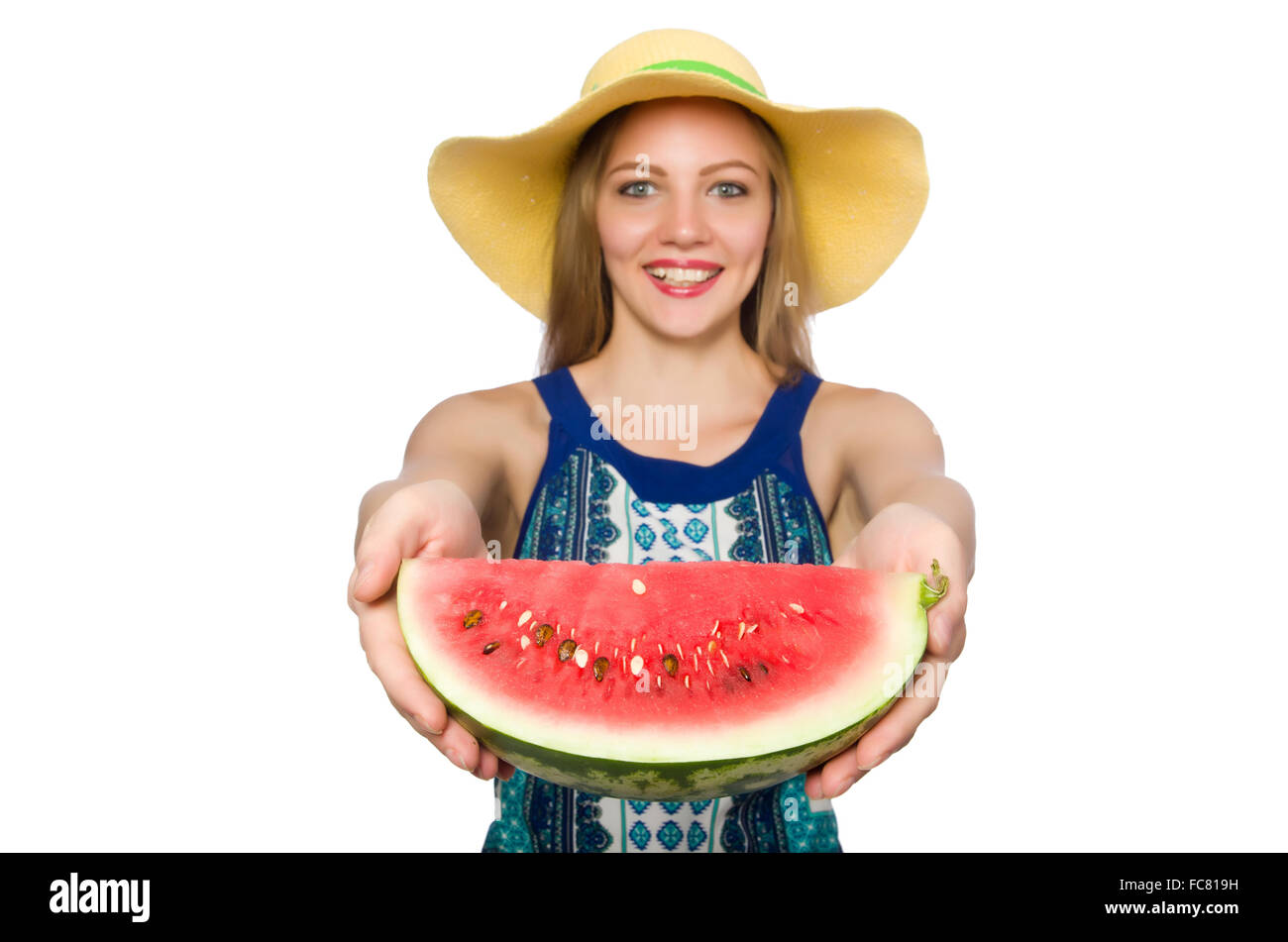 Woman with watermelon isolated on white Stock Photo - Alamy