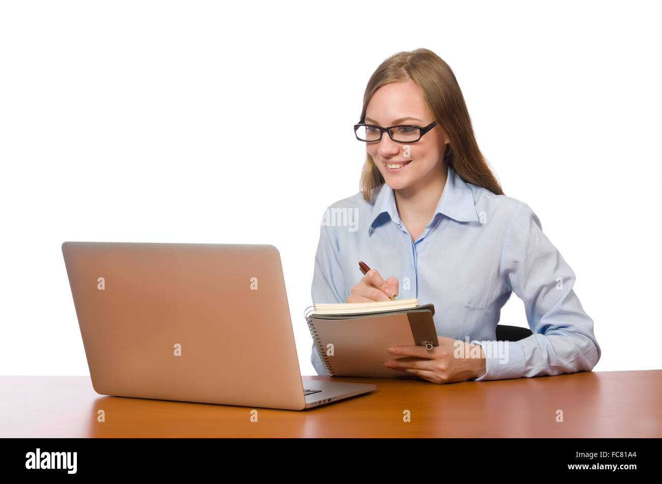 Office employee at work table isolated on white Stock Photo - Alamy