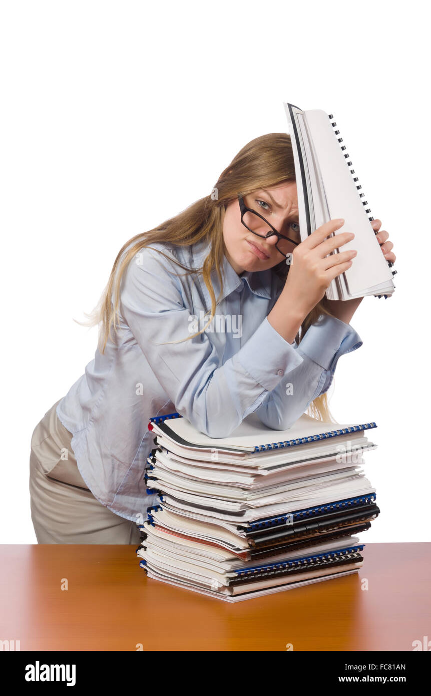 Office employee at work table isolated on white Stock Photo - Alamy