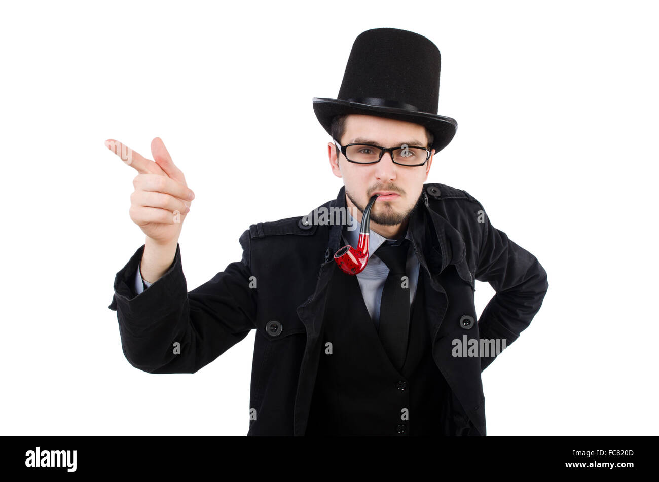 Young detective with smoking pipe isolated on white Stock Photo - Alamy