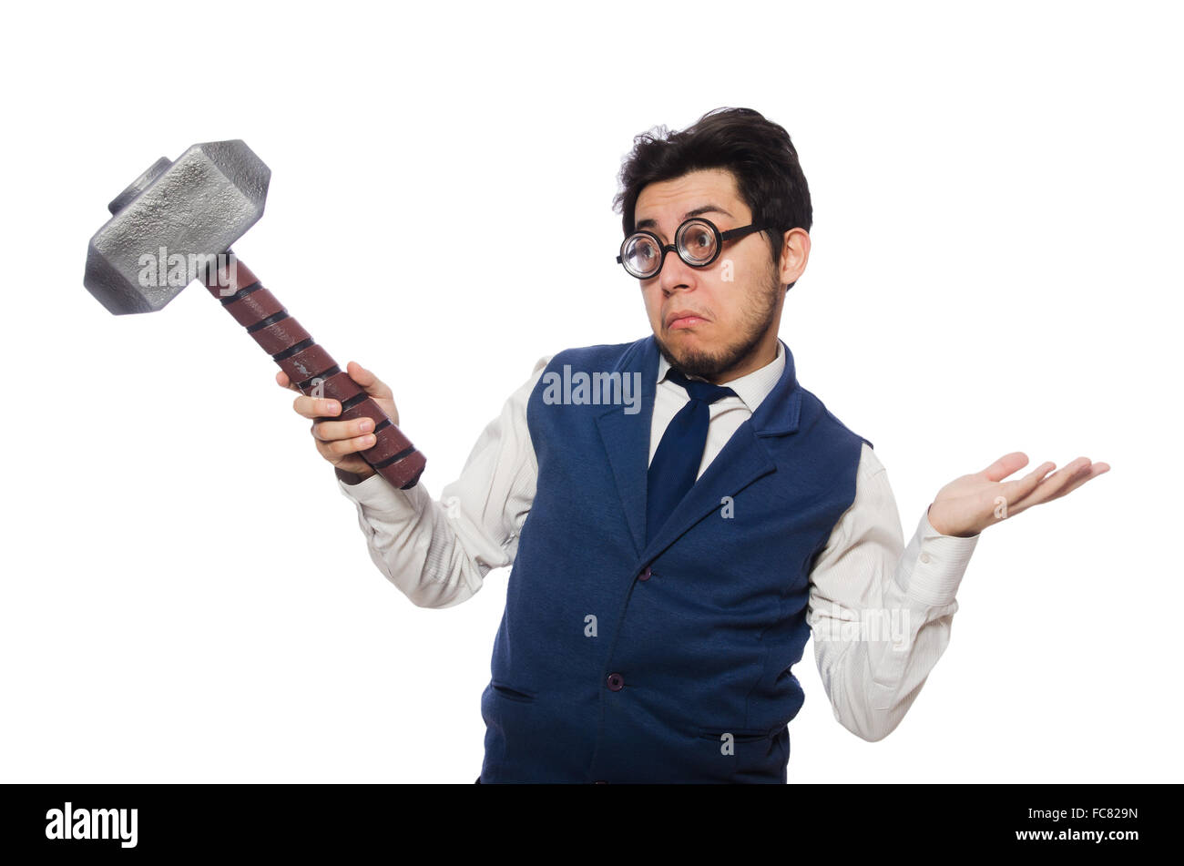 Young man holding hammer isolated on white Stock Photo - Alamy