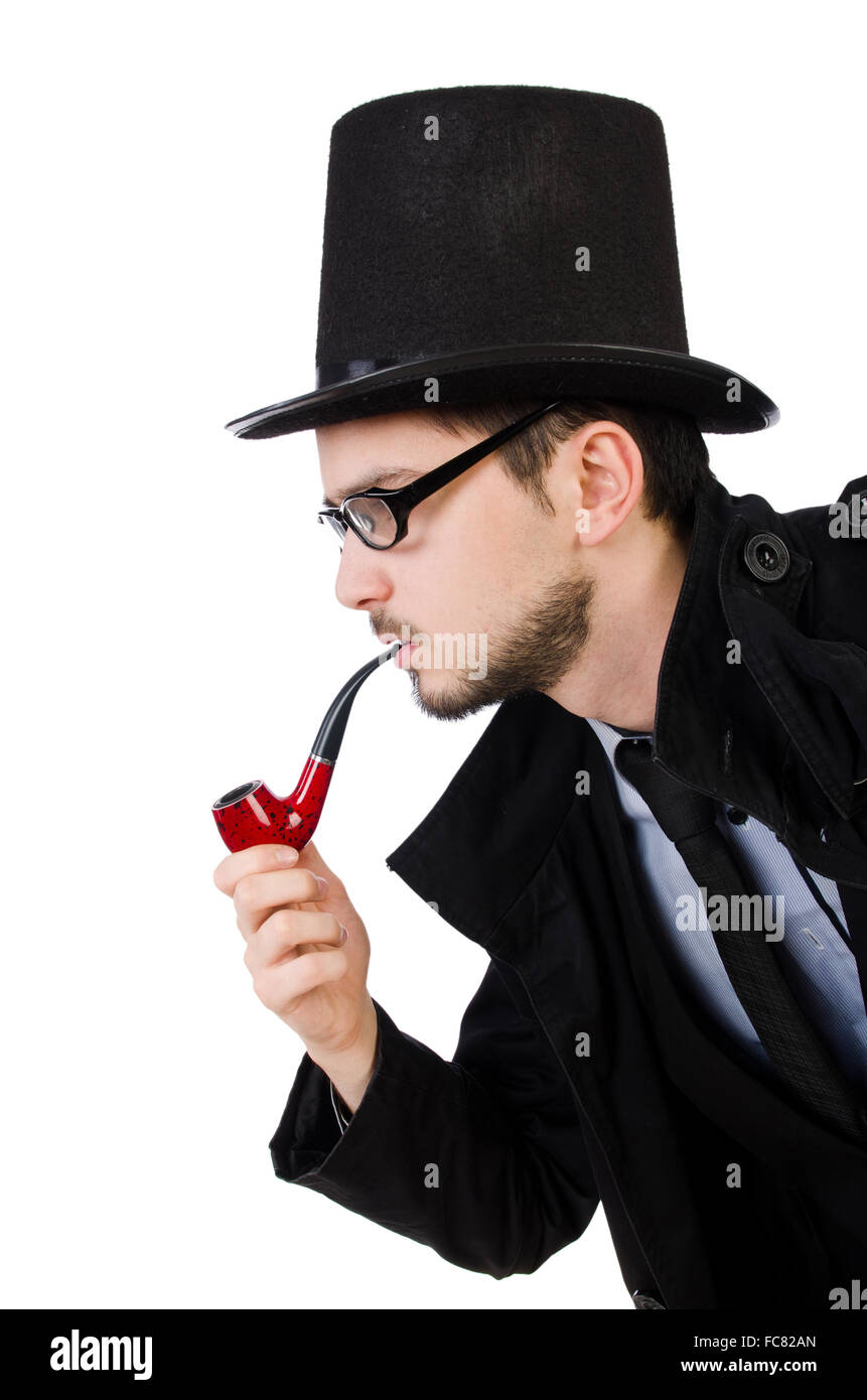 Young detective with smoking pipe isolated on white Stock Photo - Alamy