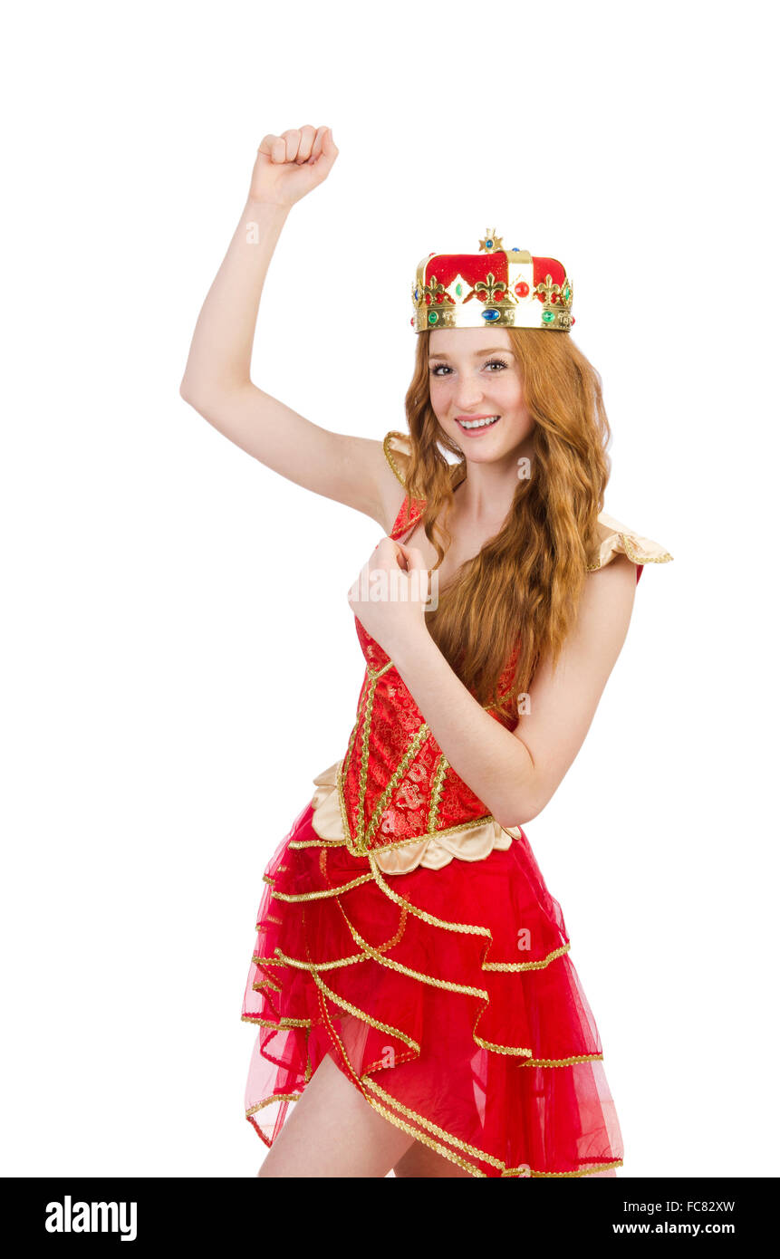 Princess wearing crown and red dress isolated on white Stock Photo - Alamy