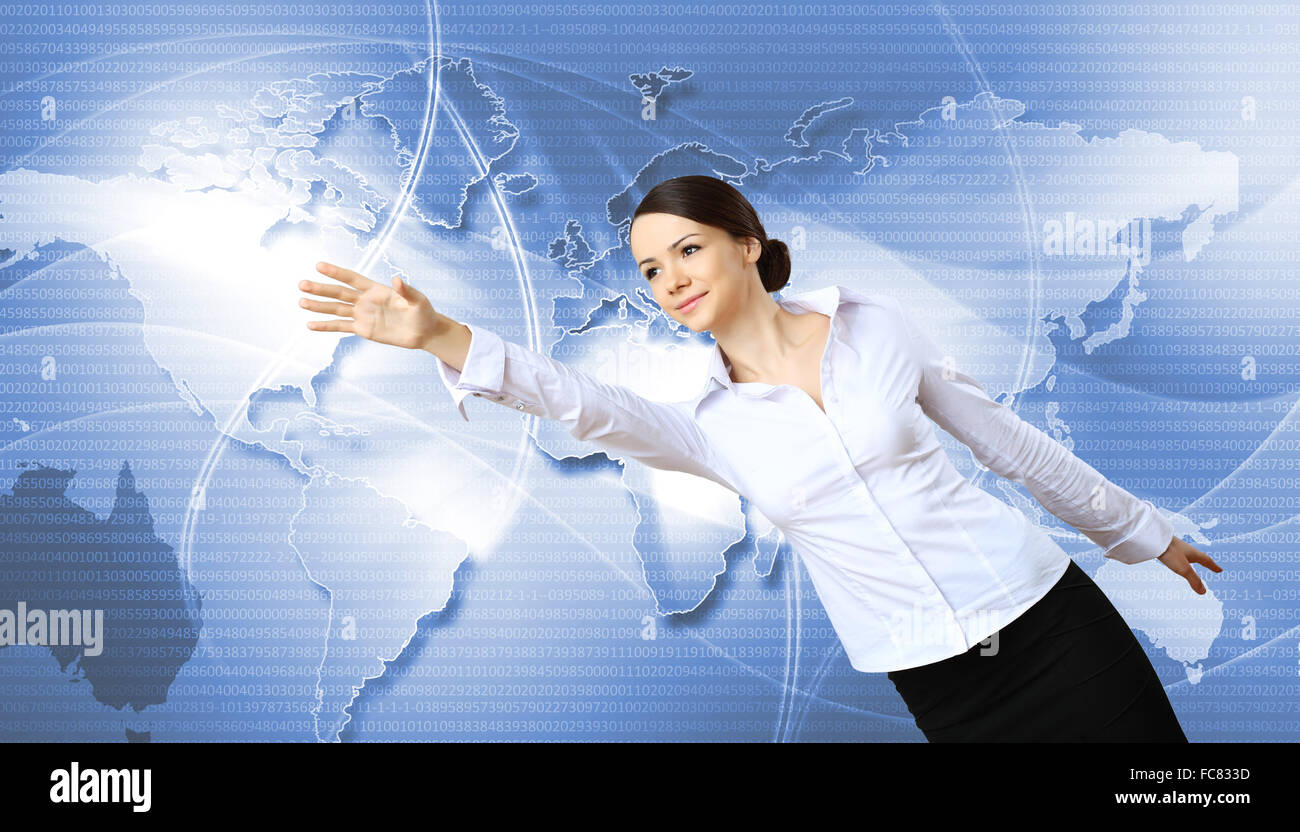 Young woman in business wear with touchscreen technology background ...