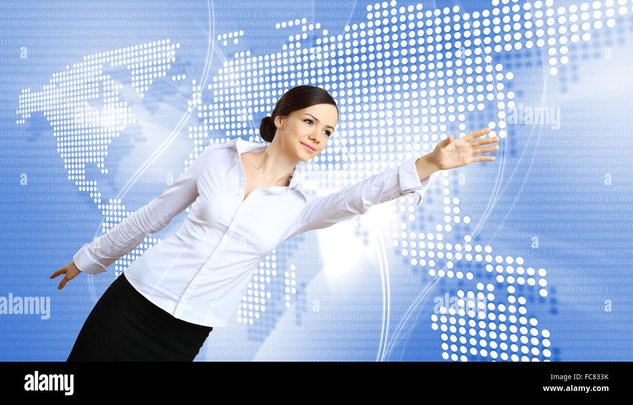 Young woman in business wear with touchscreen technology background ...