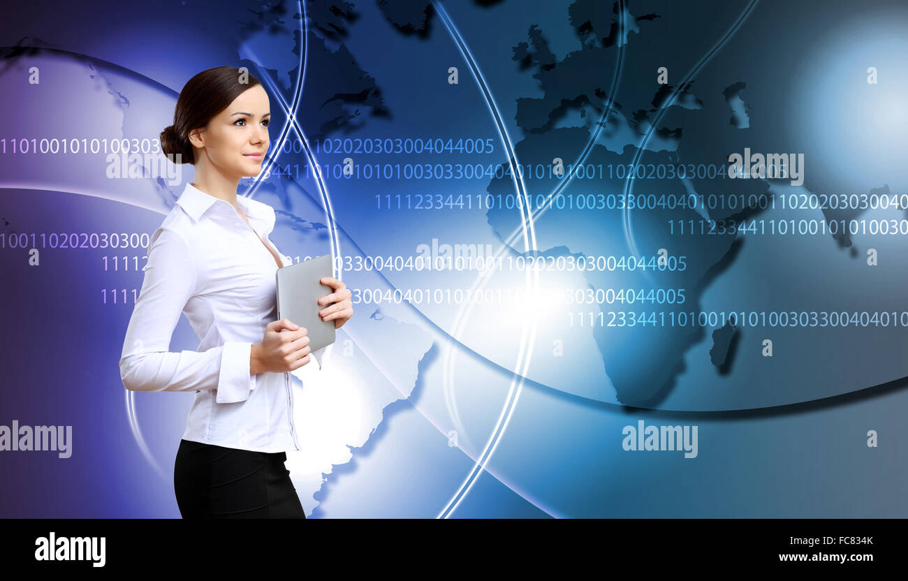 Young woman in business wear with touchscreen technology background ...