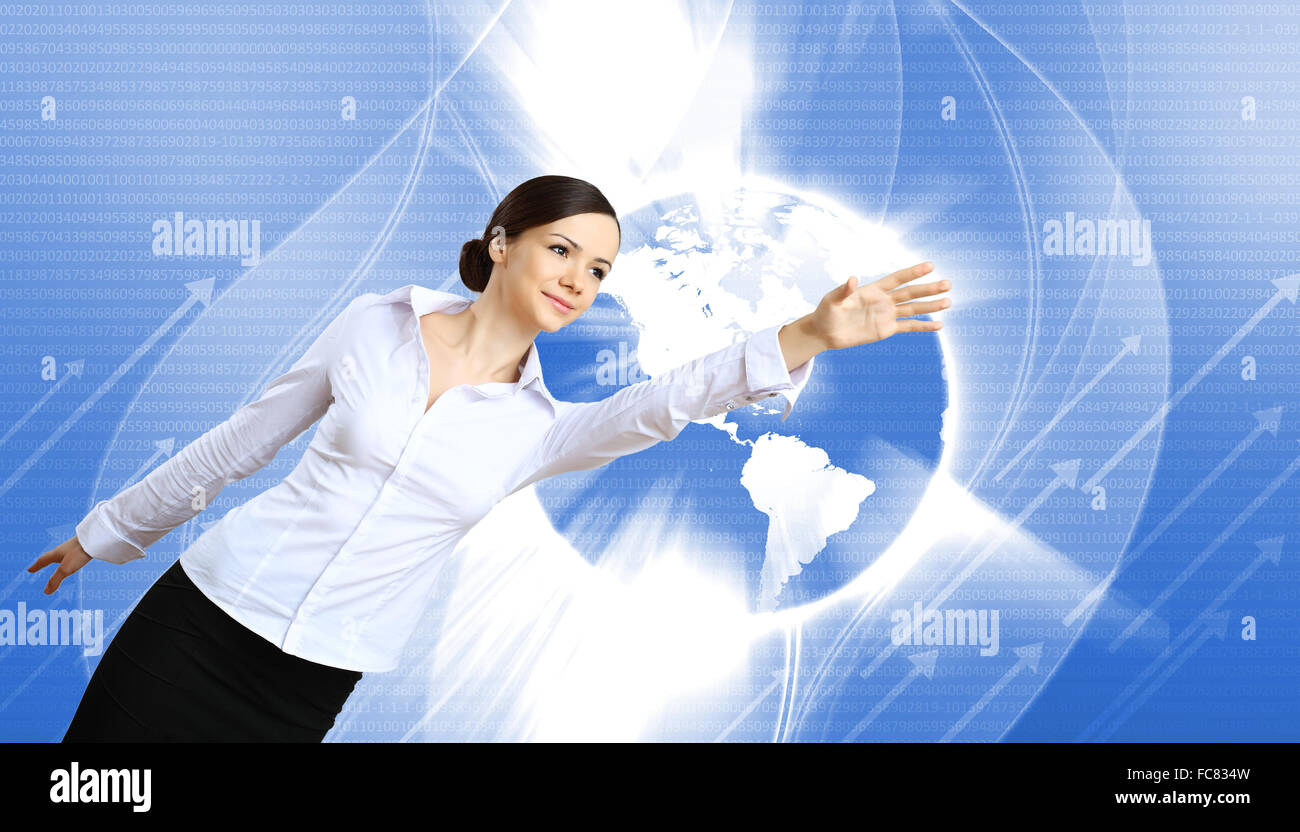 Young woman in business wear with touchscreen technology background ...