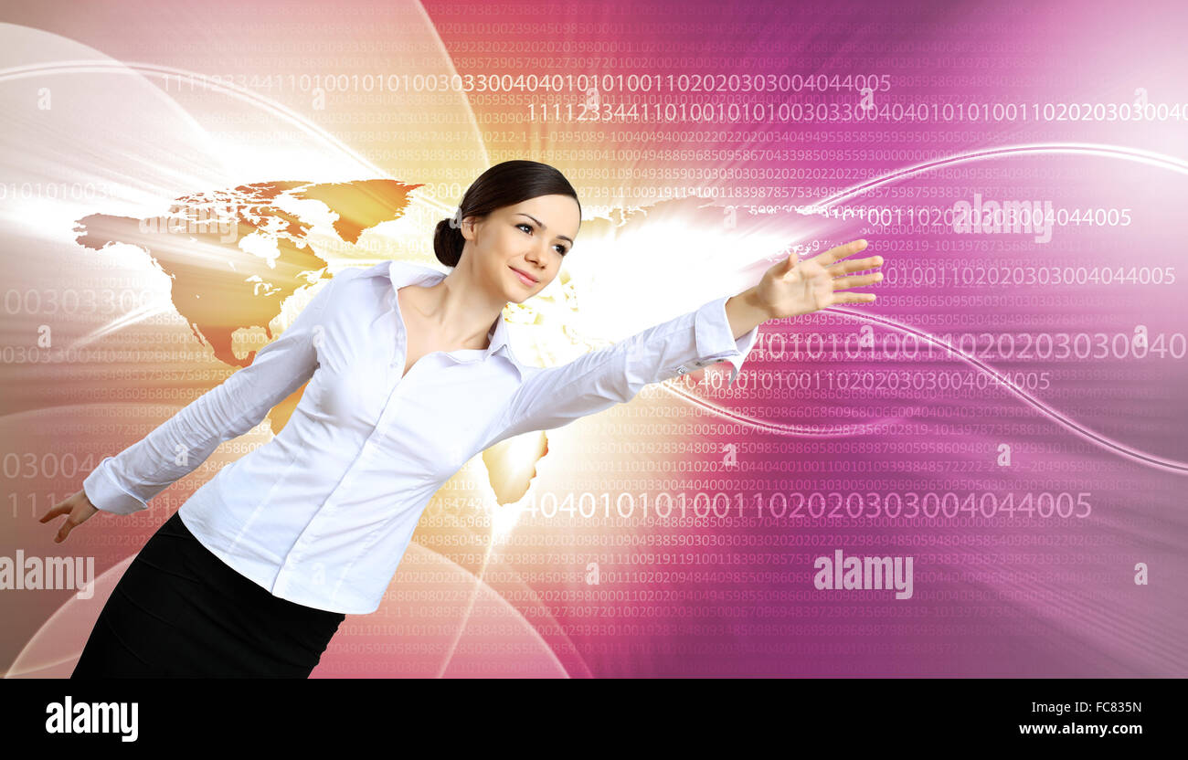 Young woman in business wear with touchscreen technology background ...