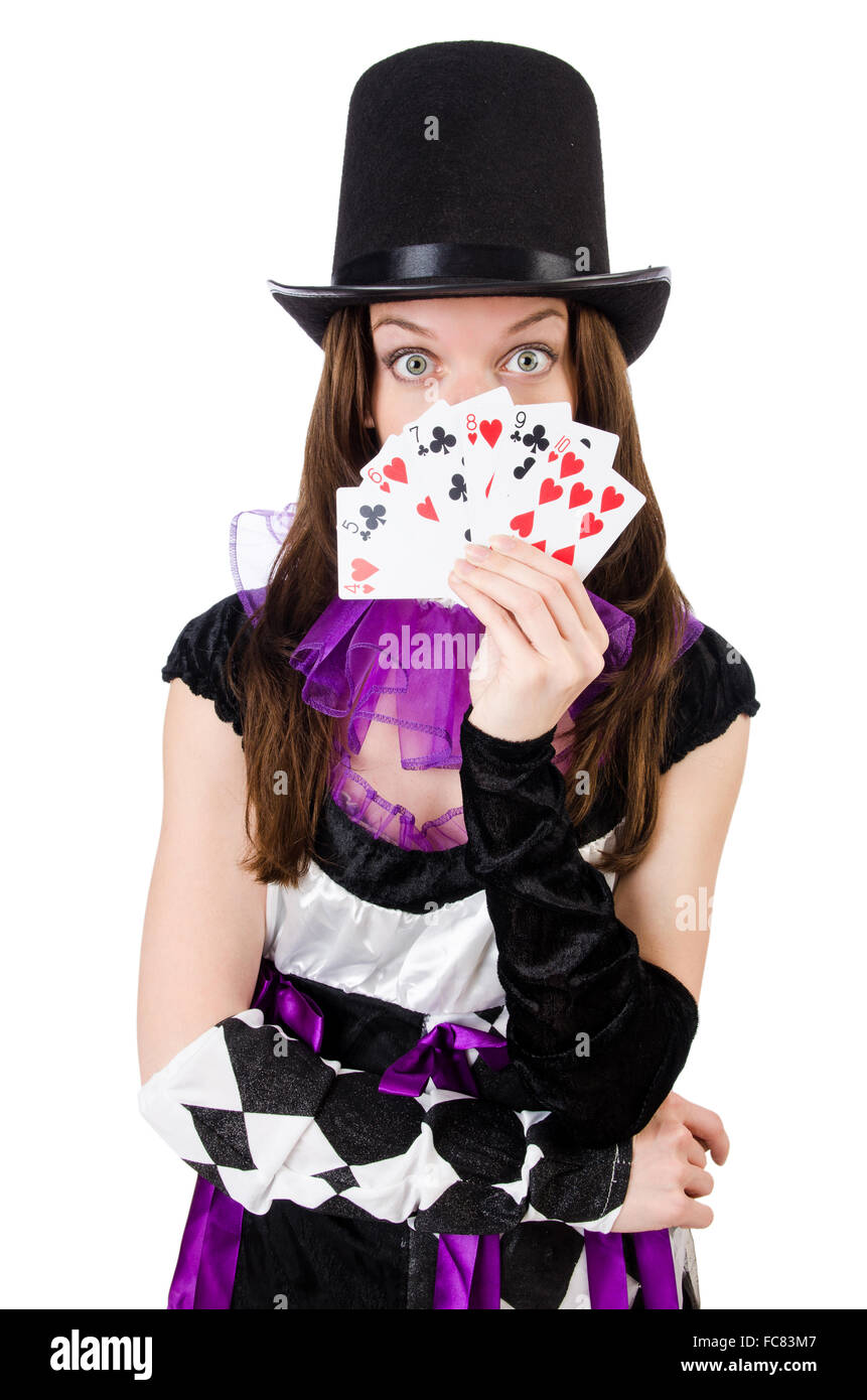 Pretty girl in jester costume with cards isolated on white Stock Photo ...