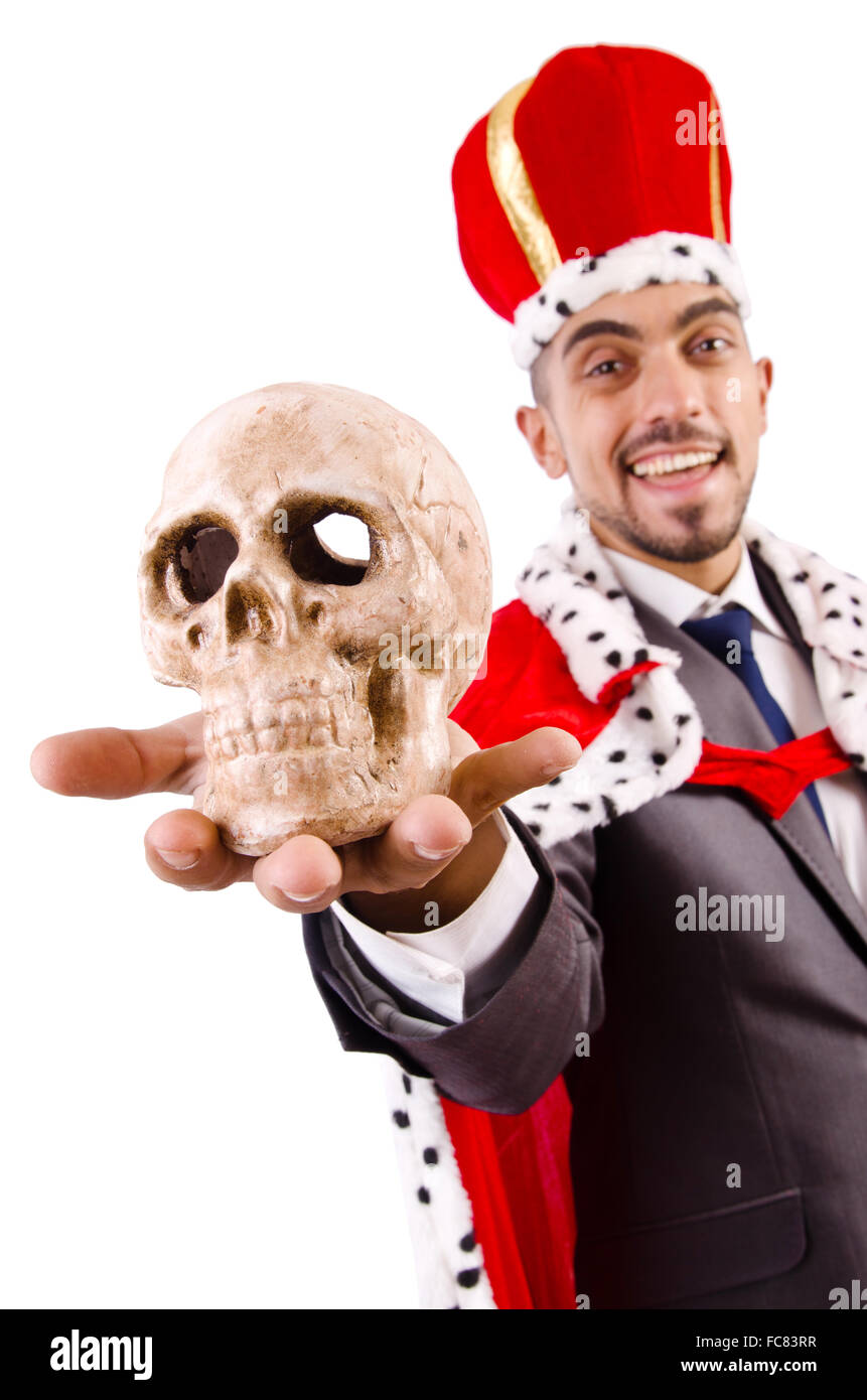 Funny king with skull isolated on white Stock Photo - Alamy