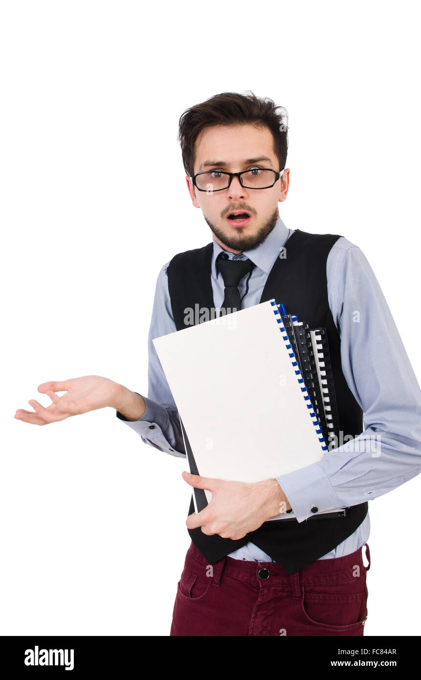 Office employee holding paper isolated on white Stock Photo - Alamy