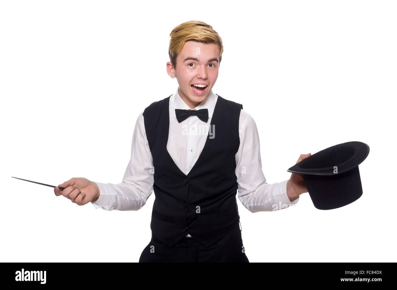 Magician with magic stick isolated on white Stock Photo - Alamy