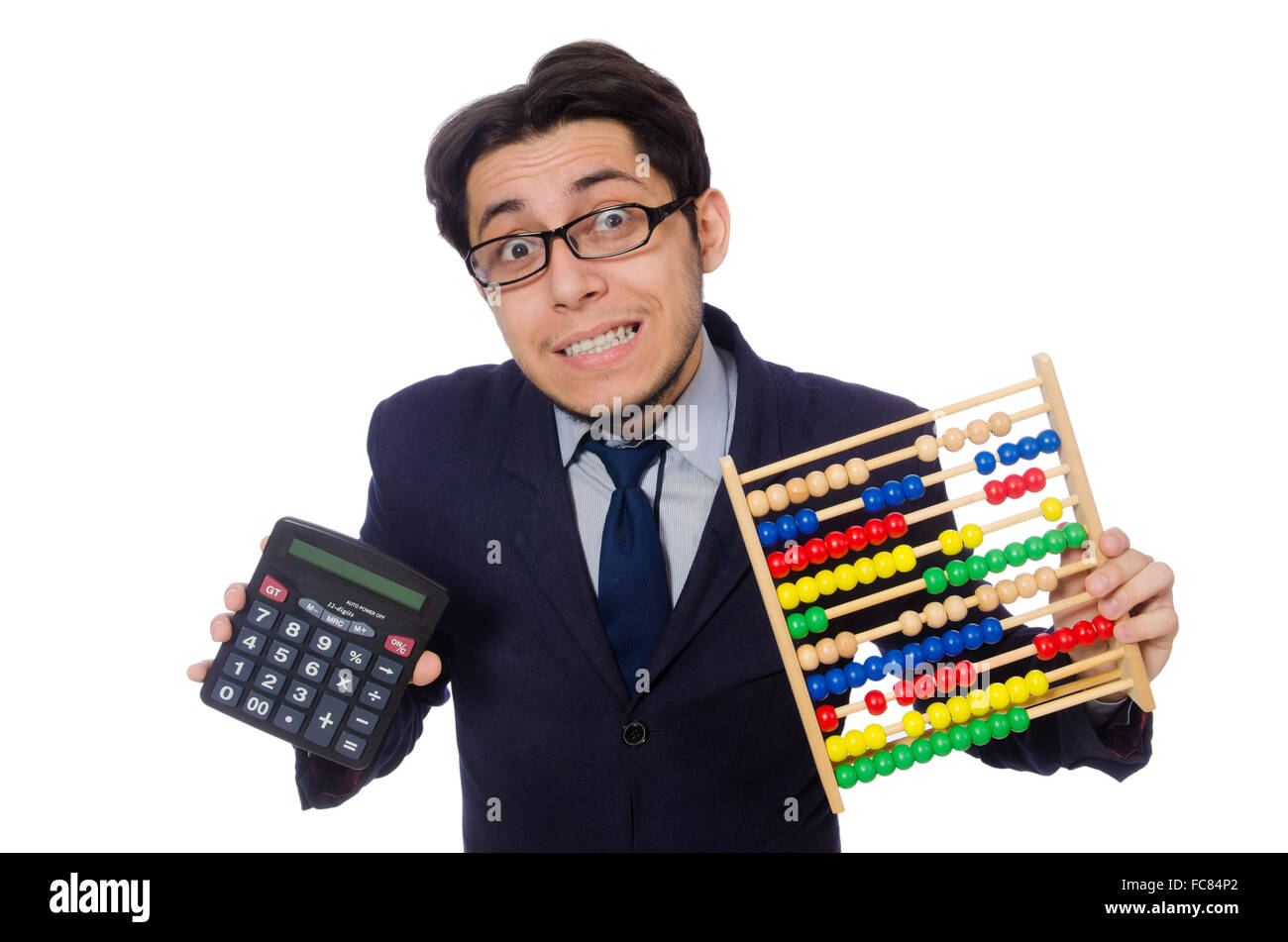 Angry accountant with abacus isolated on white Stock Photo - Alamy