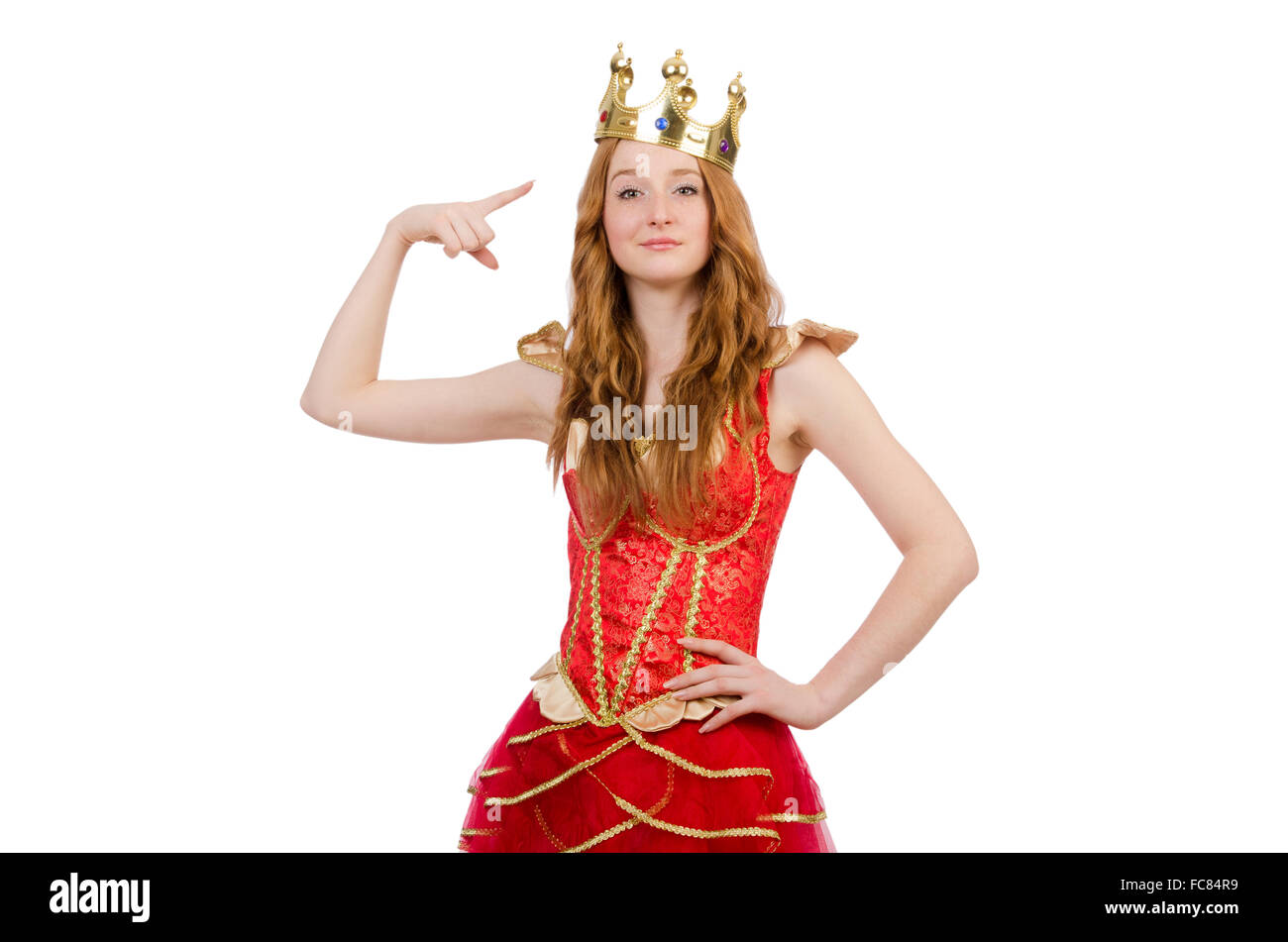 Princess wearing crown and red dress isolated on white Stock Photo - Alamy