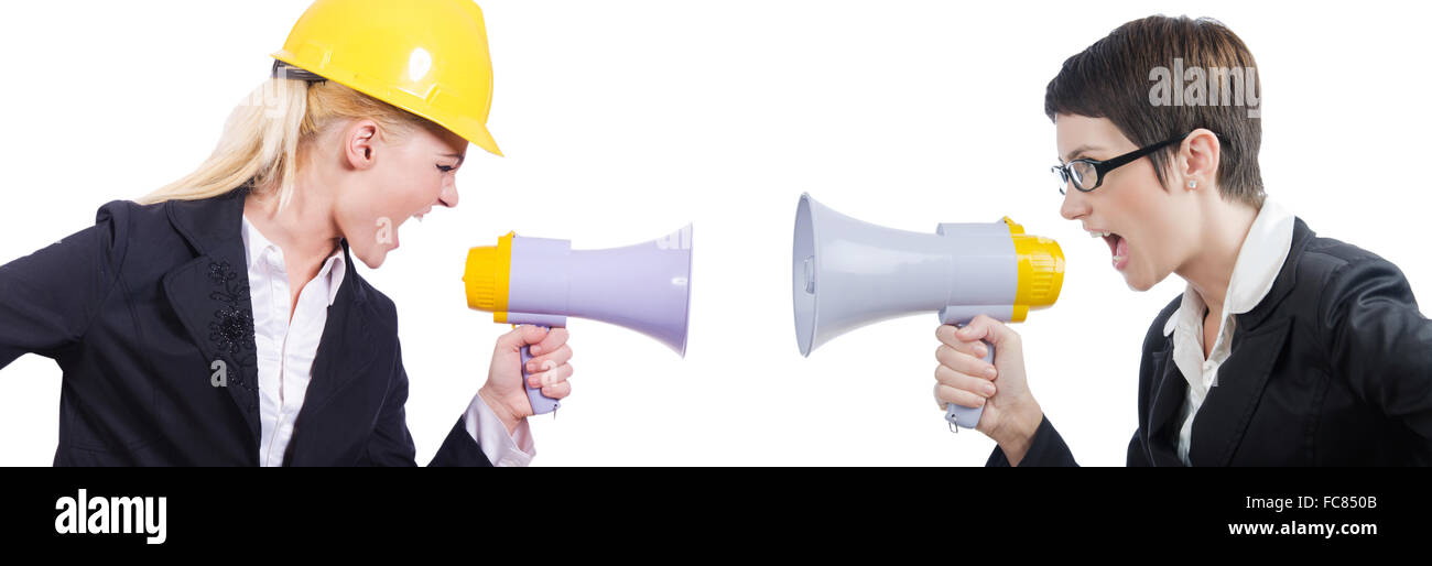 Young business lady screaming to loudspeaker Stock Photo - Alamy