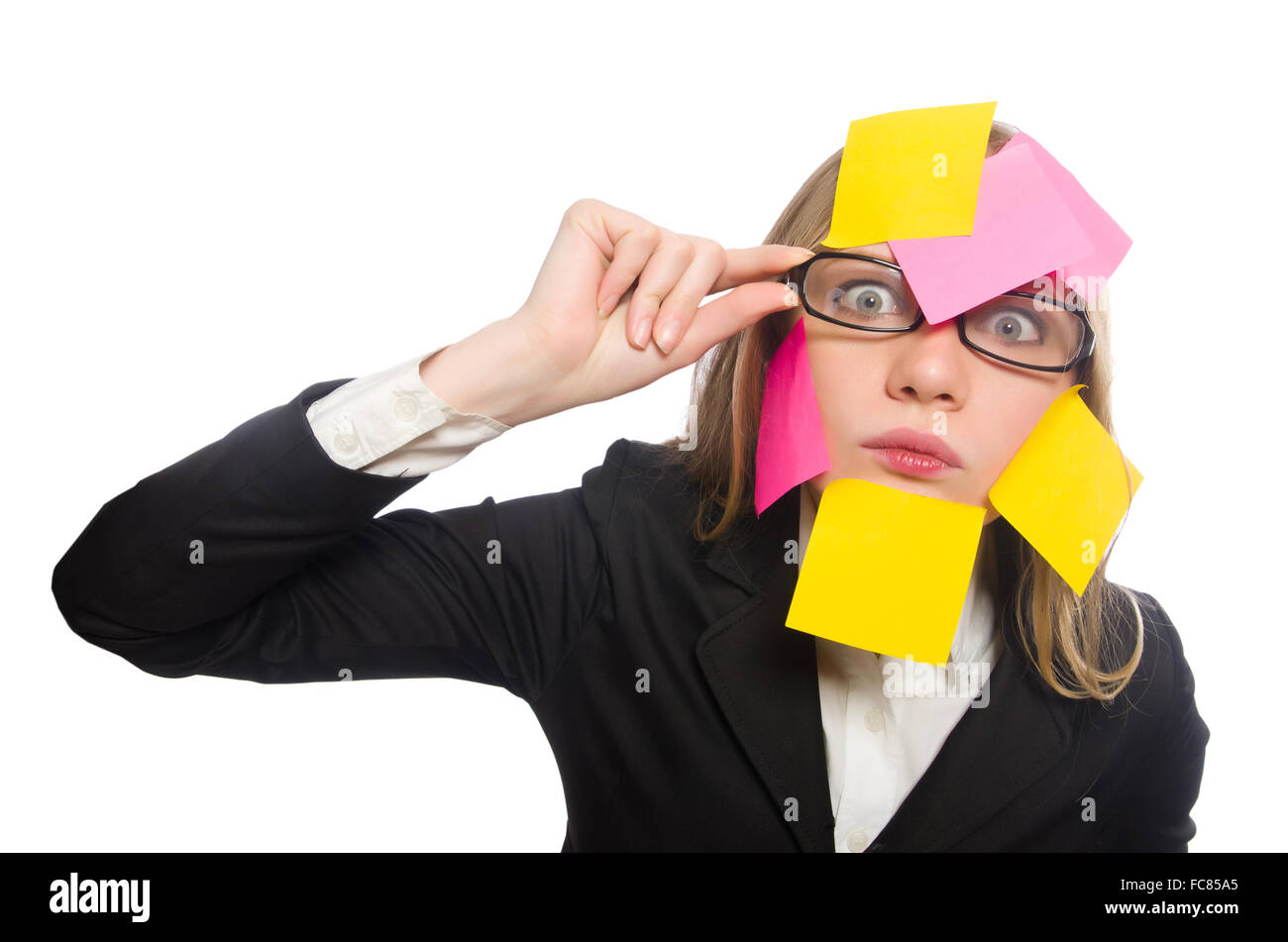 Woman with reminders isolated on white Stock Photo - Alamy