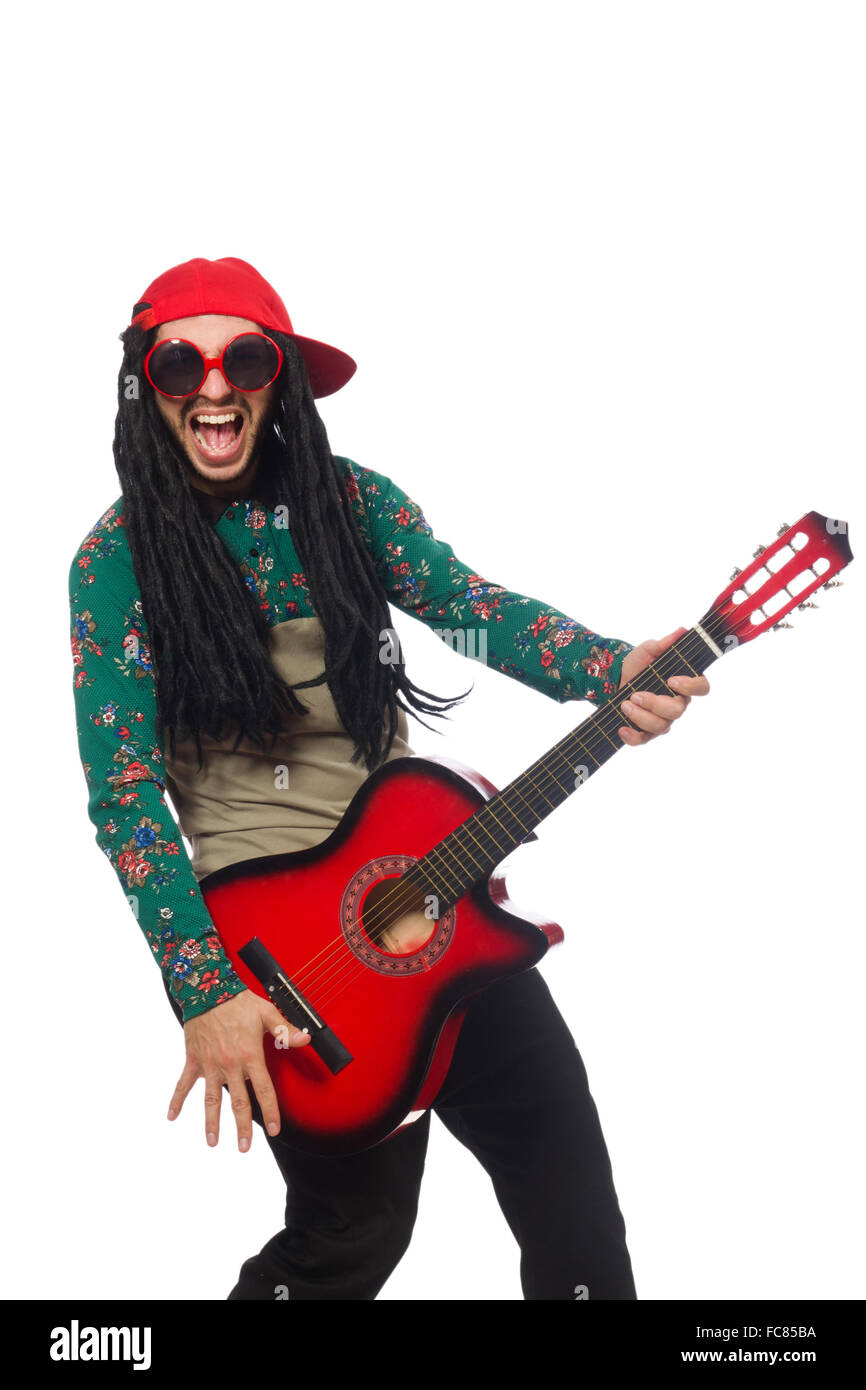 Man with guitar in musical concept on white Stock Photo - Alamy