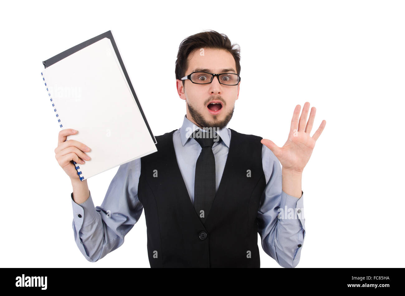 Office employee holding paper isolated on white Stock Photo - Alamy