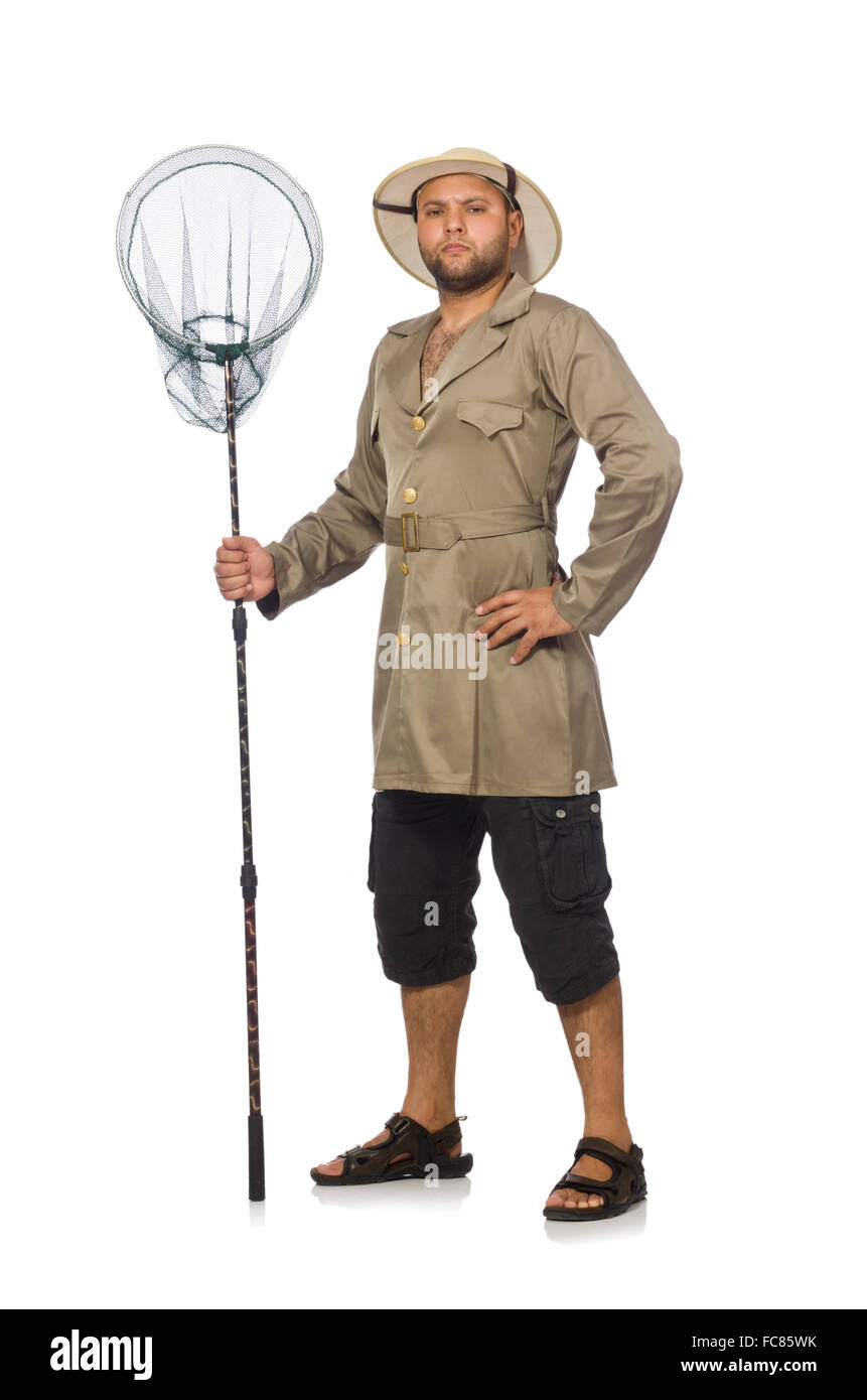 Man hunting for butterflies isolated on white Stock Photo - Alamy