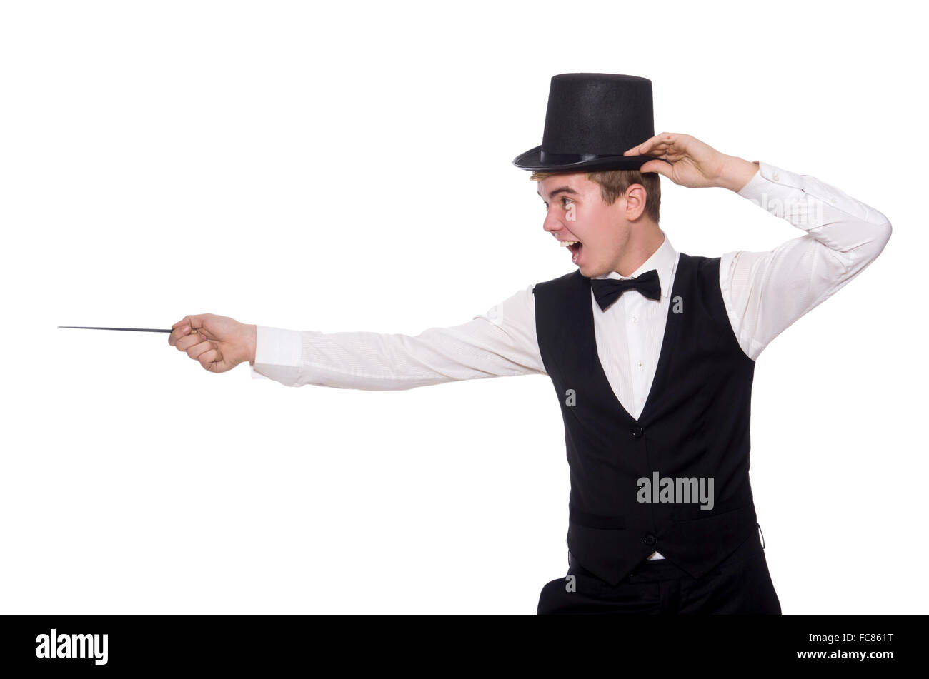 Magician with magic stick isolated on white Stock Photo - Alamy