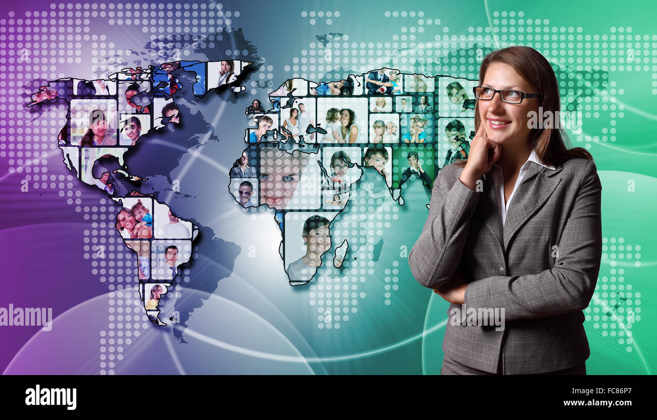 Young woman standing against world map background Stock Photo - Alamy