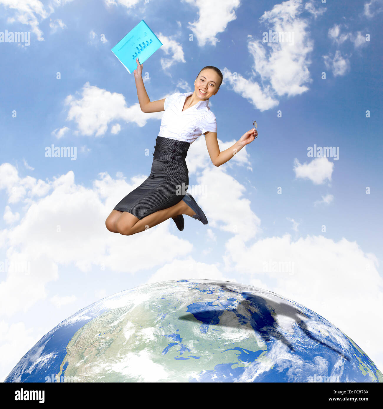 Young woman jumping up with our planet earth below Stock Photo - Alamy