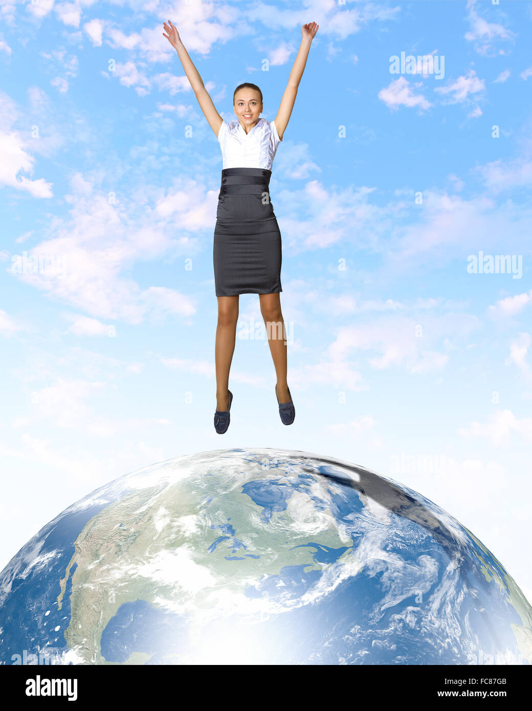 Young woman jumping up with our planet earth below Stock Photo - Alamy