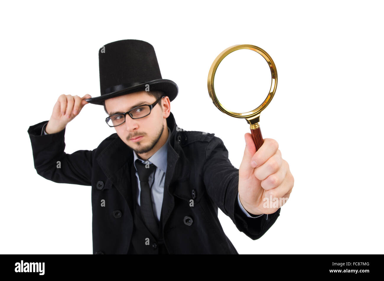 Young detective with magnifying glass isolated on white Stock Photo - Alamy