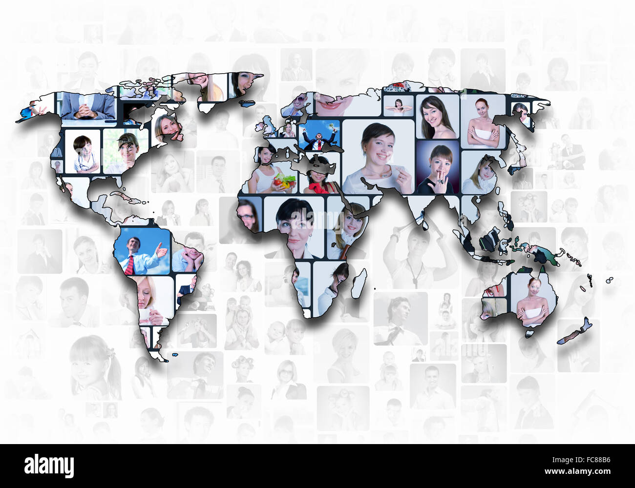 World map background with people portraits on it Stock Photo - Alamy
