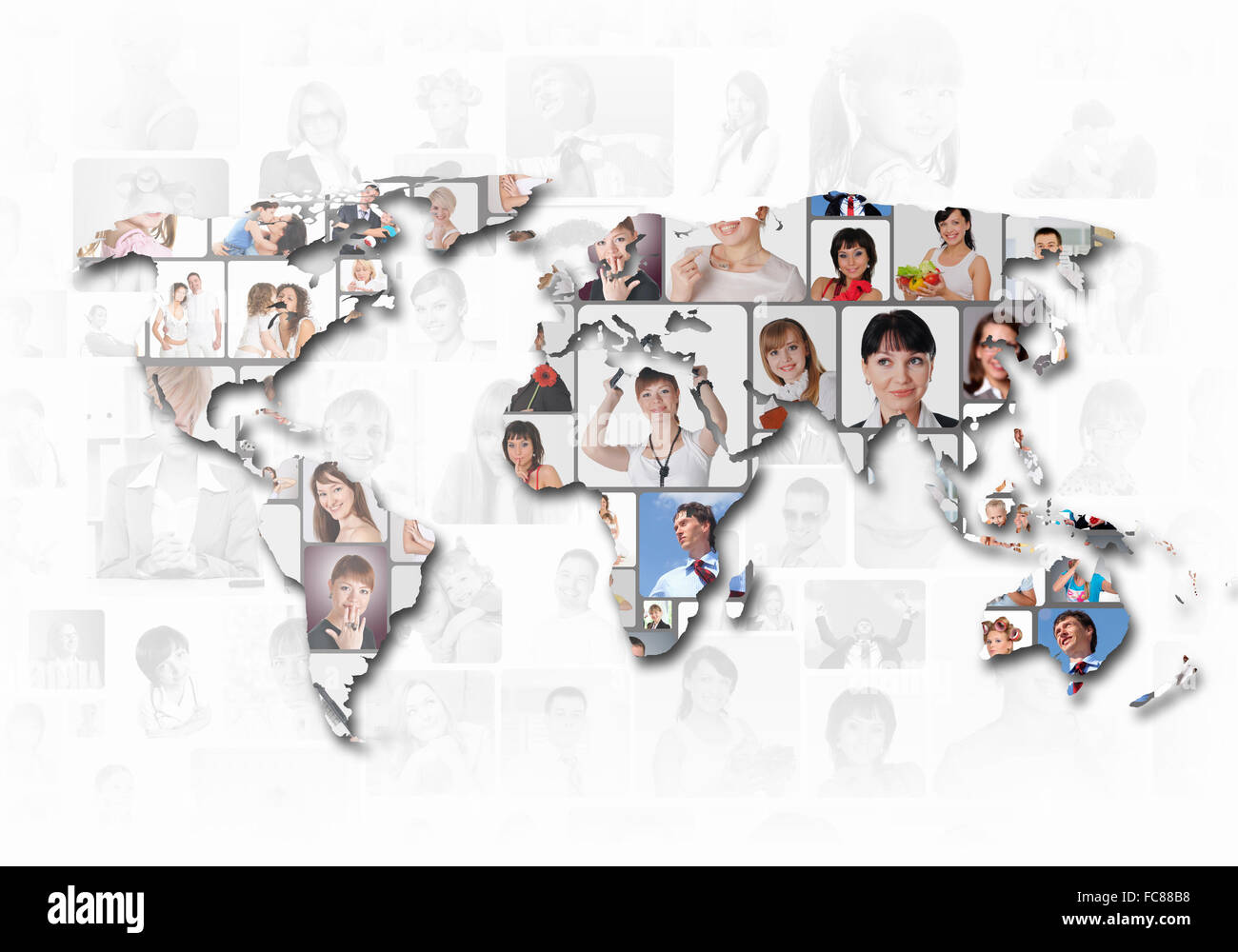 World map background with people portraits on it Stock Photo - Alamy