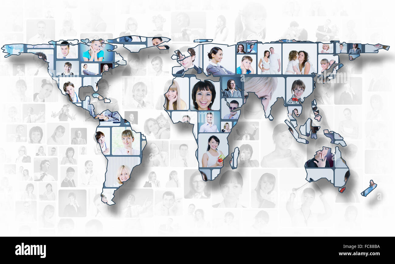 World map background with people portraits on it Stock Photo - Alamy