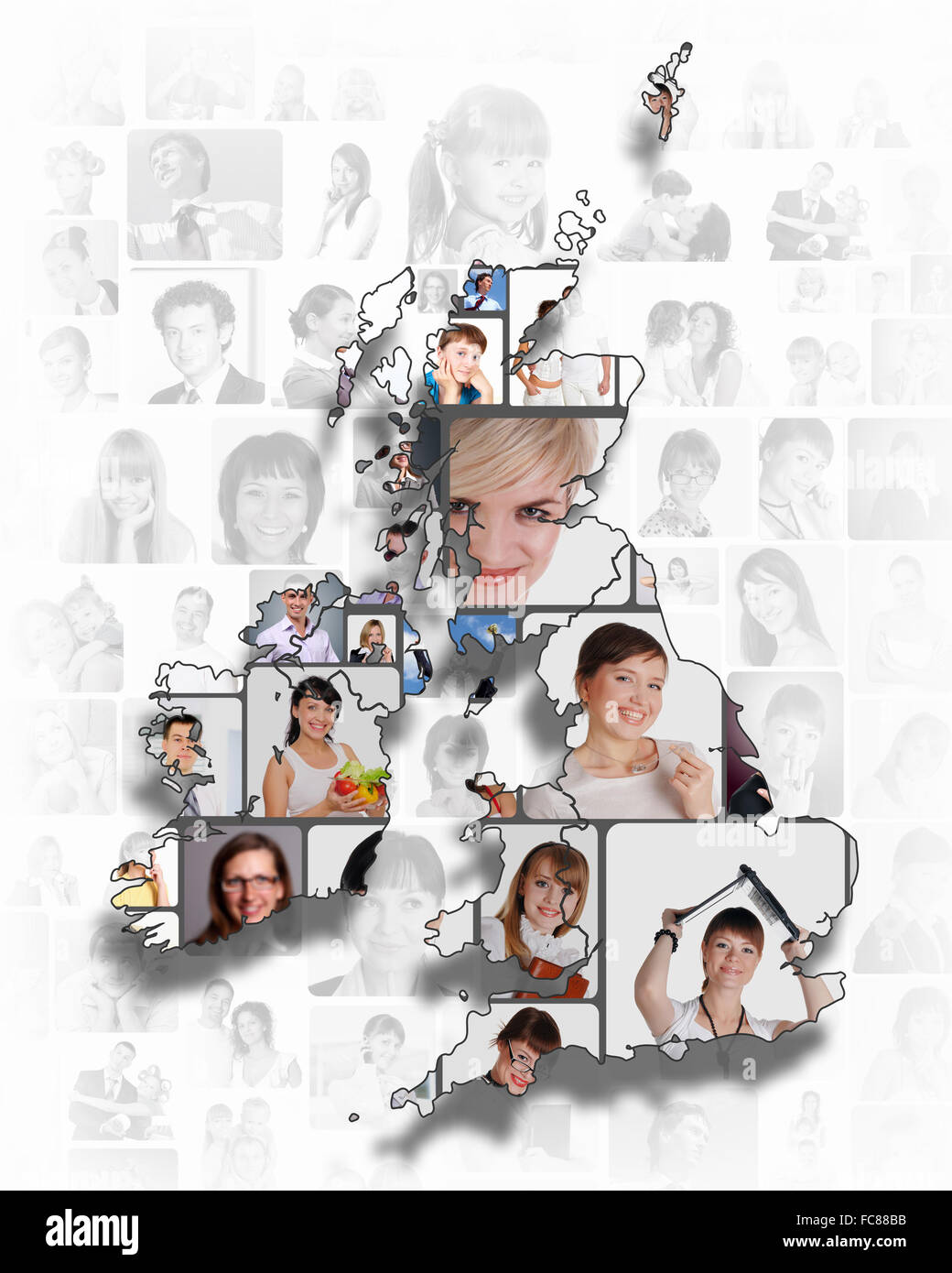 World map background with people portraits on it Stock Photo - Alamy