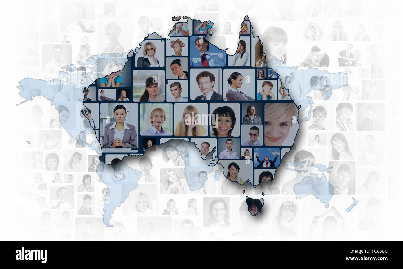 World map background with people portraits on it Stock Photo - Alamy