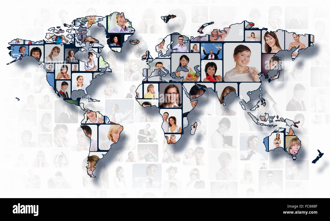 World map background with people portraits on it Stock Photo - Alamy