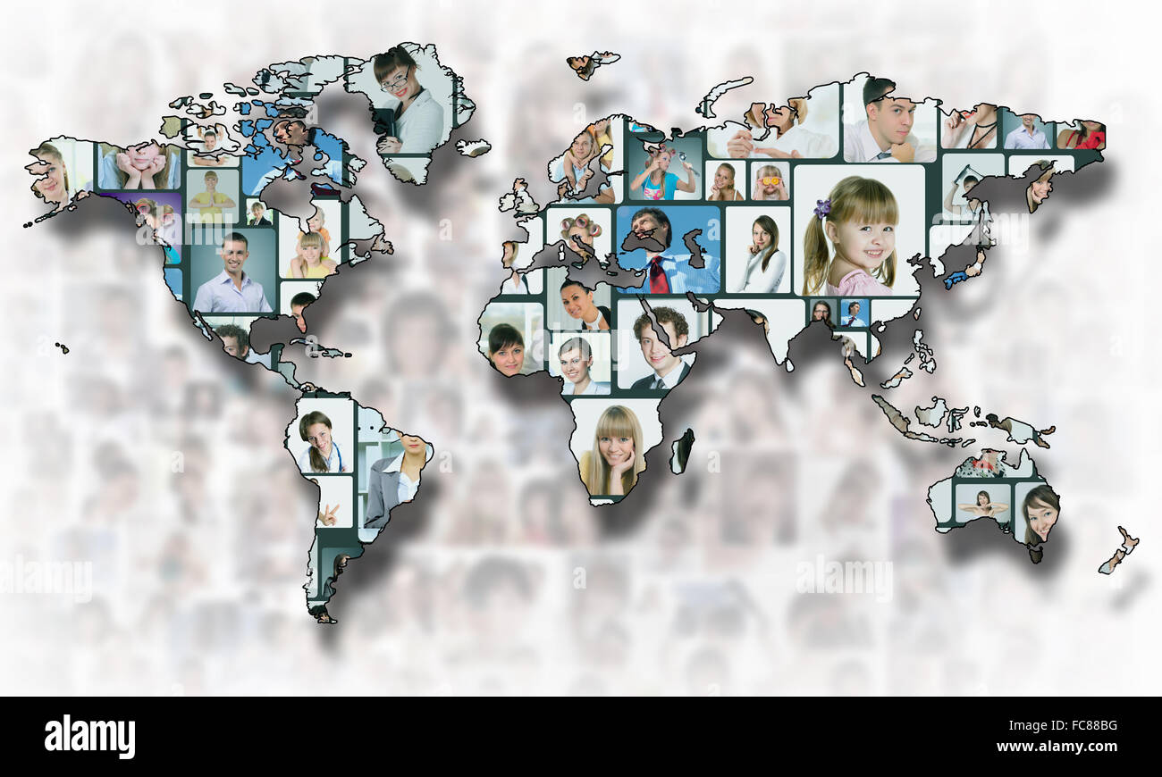 World map background with people portraits on it Stock Photo - Alamy