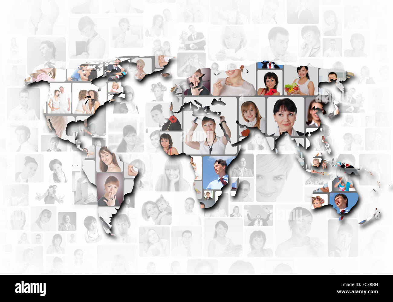 World map background with people portraits on it Stock Photo - Alamy