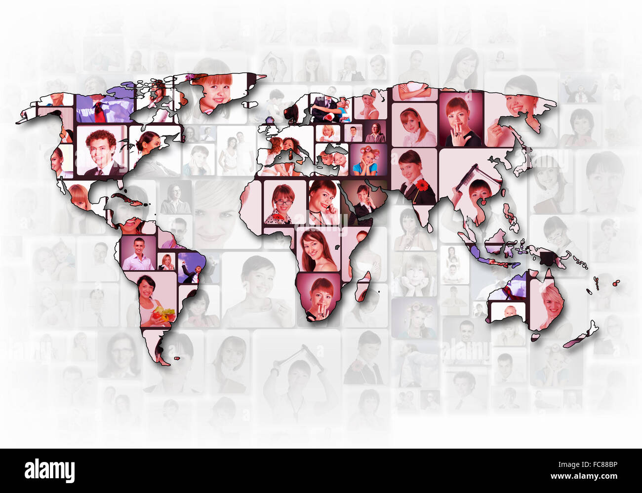 World map background with people portraits on it Stock Photo - Alamy