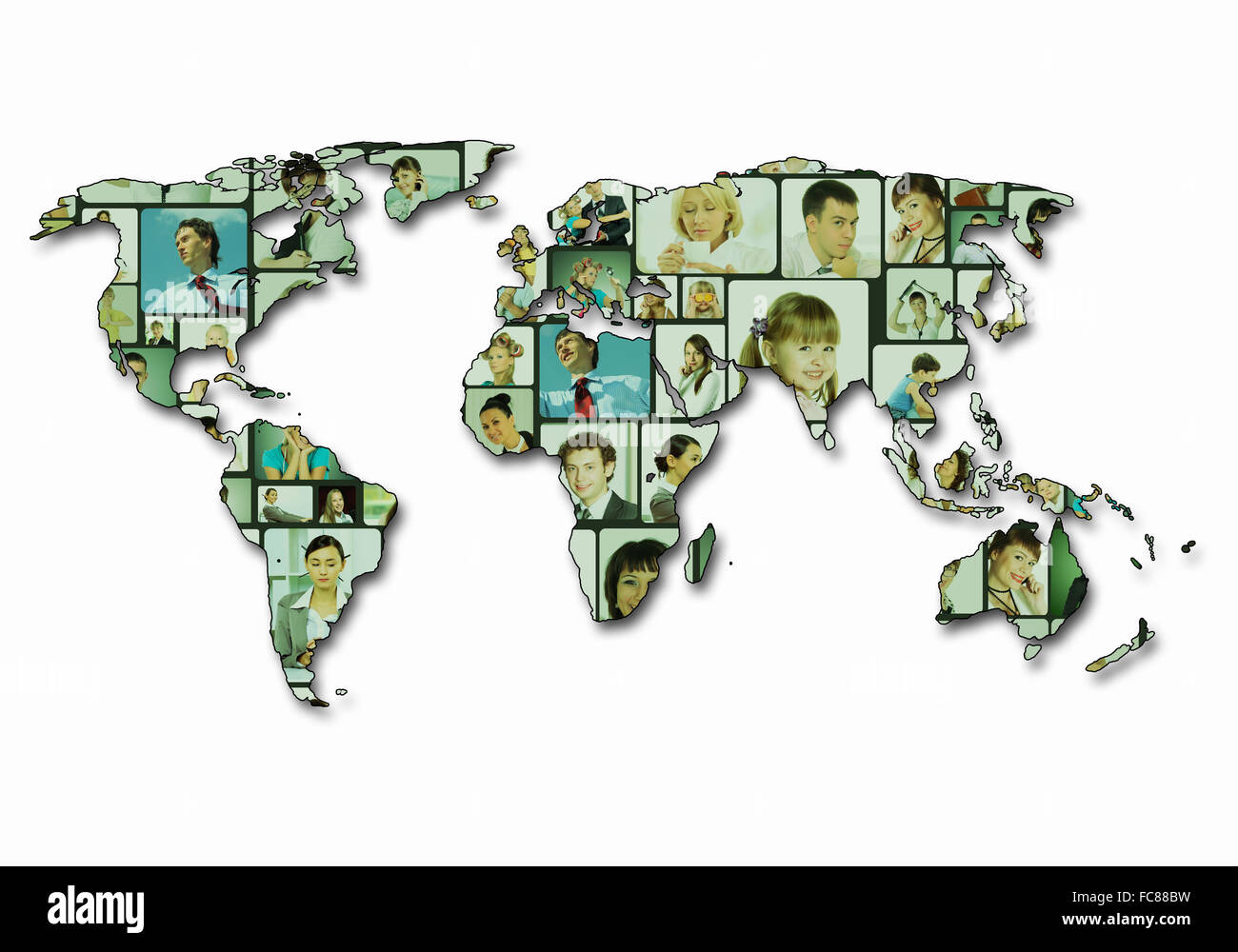 World map background with people portraits on it Stock Photo - Alamy