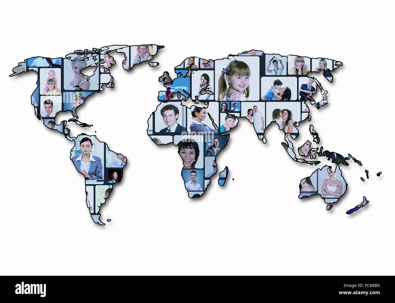 World map background with people portraits on it Stock Photo - Alamy