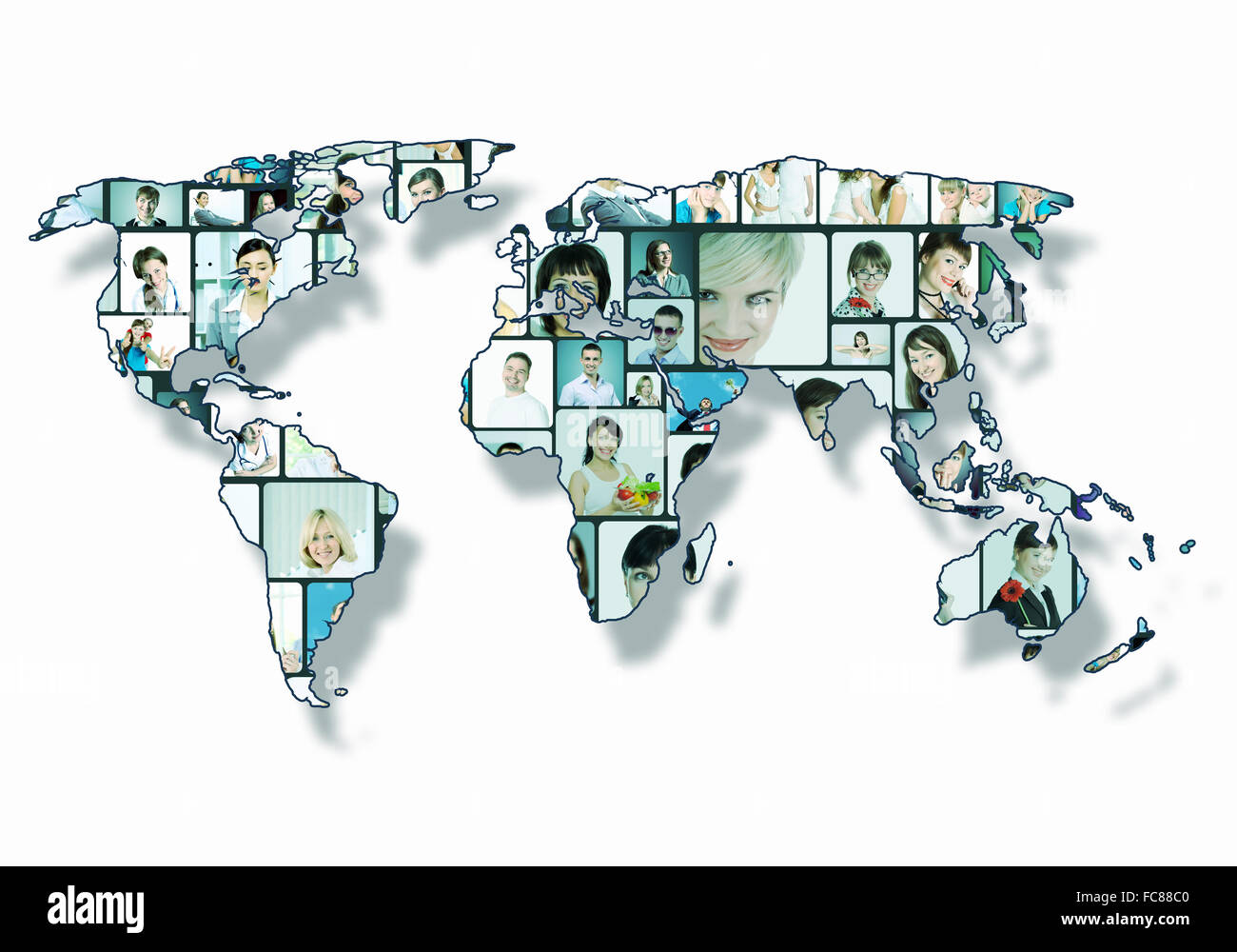 World map background with people portraits on it Stock Photo - Alamy
