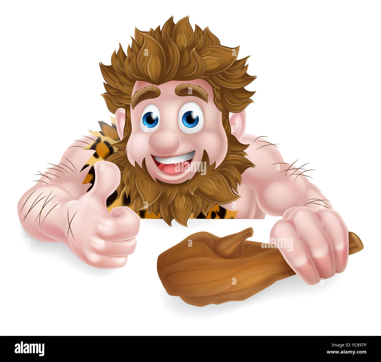 A cute cartoon caveman in an animal skin above a sign giving a thumbs ...