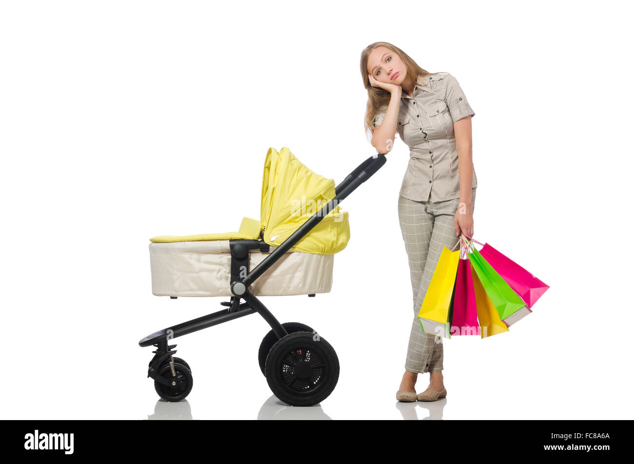 Woman with pram isolated on white Stock Photo - Alamy