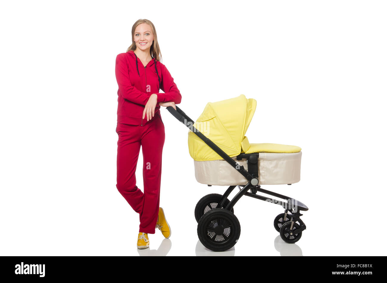 Woman with pram isolated on white Stock Photo - Alamy