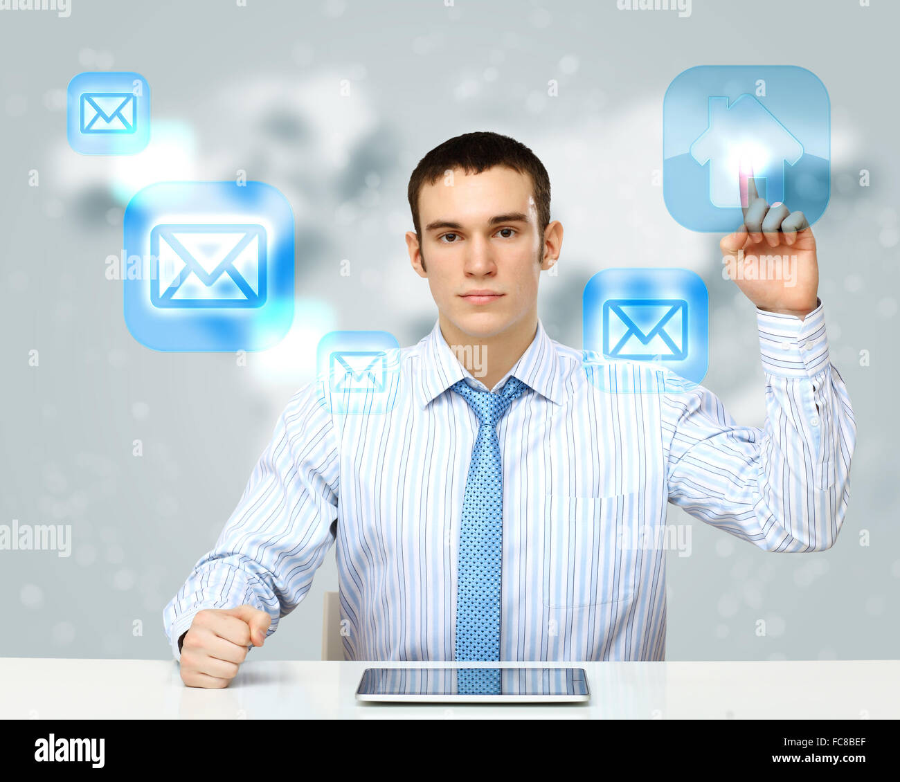 Collage with a business person against technology background Stock ...