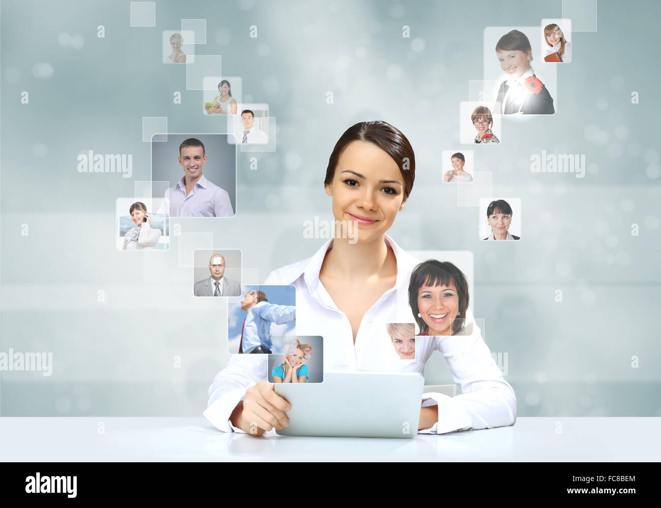 Collage with a business person against technology background Stock ...