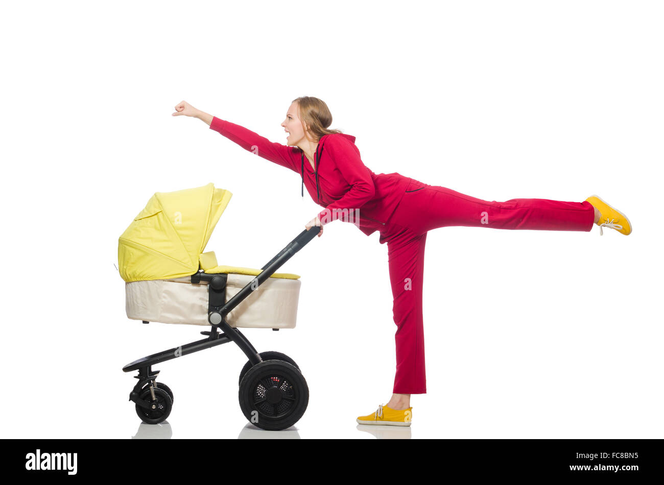 Woman with pram isolated on white Stock Photo - Alamy