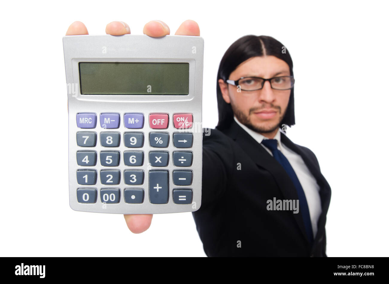 Man with calculator isolated on white Stock Photo - Alamy