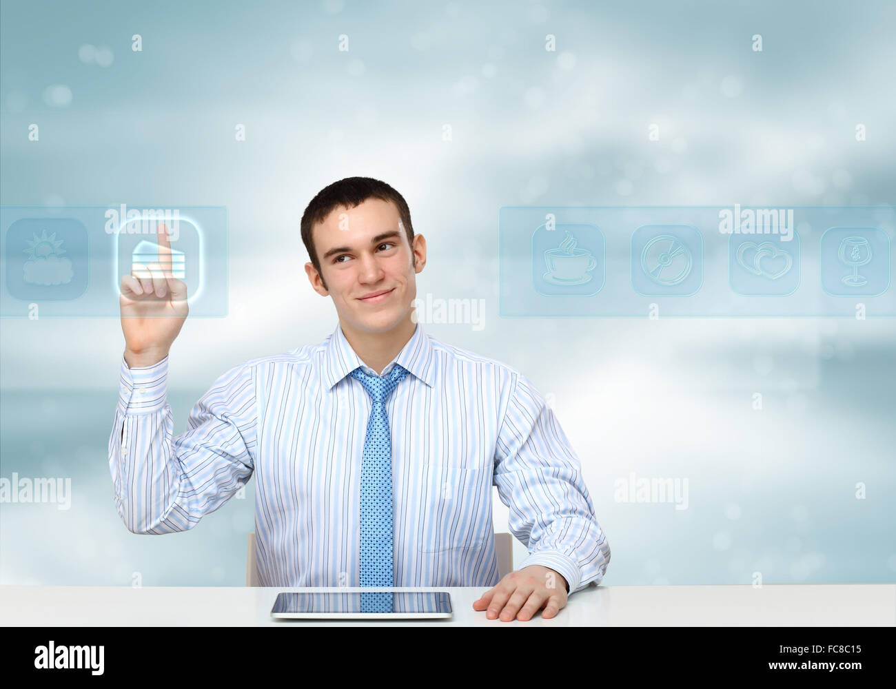 Collage with a business person against technology background Stock ...